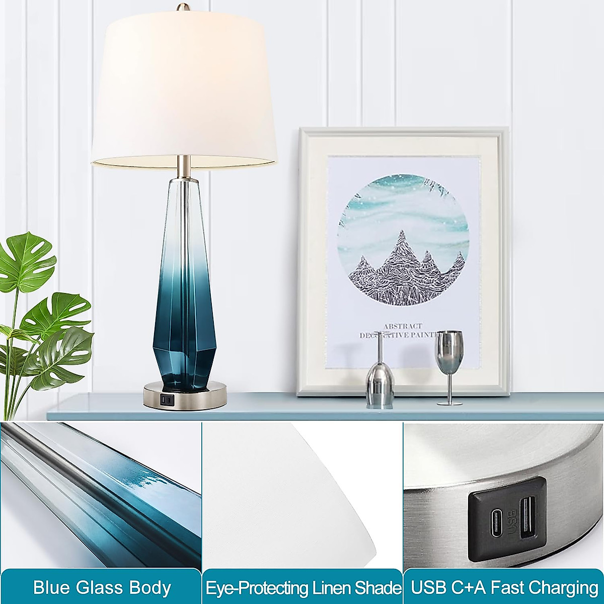 Modern Table Lamps Set of 2, 28" Teal Tall Lamp with USB C+A, Blue Glass Lamp Coastal Lamps with Linen Shade, Nightstand Bedside Lamps for Living Room End Table Buffet Lamps