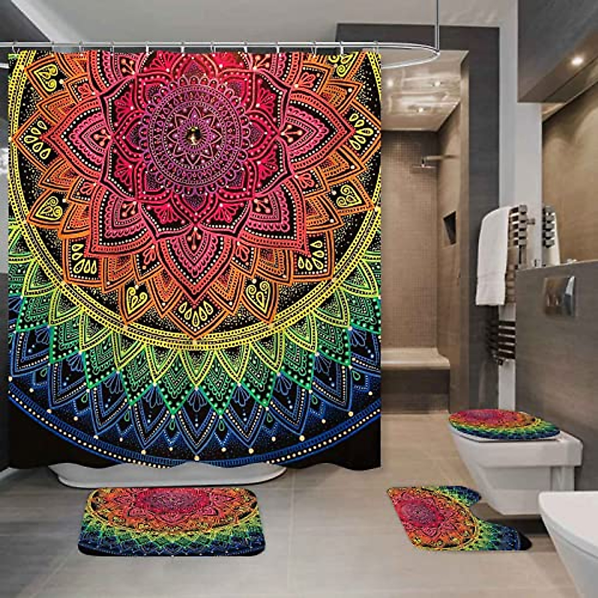 4 Pcs Mandala Flowers Shower Curtain Set, Ombre Colorful Floral Bathroom Sets with Shower Curtain and Rugs, 72" Shower Curtain and Bath Mat, Toilet Lid Cover and U Shaped Rug, 12 Hooks, SETLSSD260