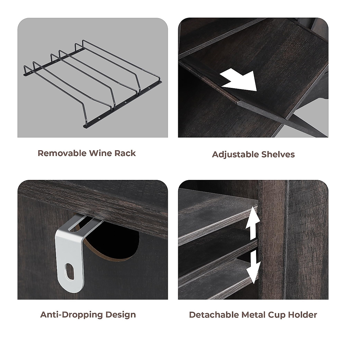 VVFLU Sideboard Buffet Cabinet with Storage Kitchen Farmhouse Coffee Bar Cabinet, Drawers, Removable Wine Rack, Wine Glass Rack, Barn Doors, Adjustable Shelves for Dinning Room, Brown (Dark Wood)