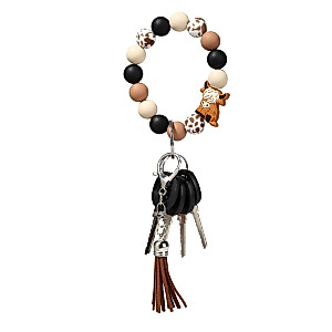 Nabegum Cow Print Silicone Beaded Bracelet Keychain Wristlet Key Ring Bangle Chains Western Highland Stuff Gifts for Women with Leather Tassel (Brown)