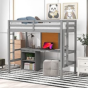 LCH Loft Bed,Twin Size Loft Bed with Desk and Writing Board for Bedroom,Guest Room and Dorm, Wooden Loft Bed with Desk and Two Drawers Cabinet for Kids,Teens,Boys,Girls,No Box Spring Needed,Gray