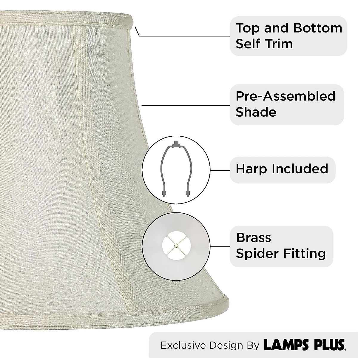 Creme Medium Bell Lamp Shade 7" Top x 14" Bottom x 11" Slant x 10.5" High (Spider) Replacement with Harp and Finial - Springcrest
