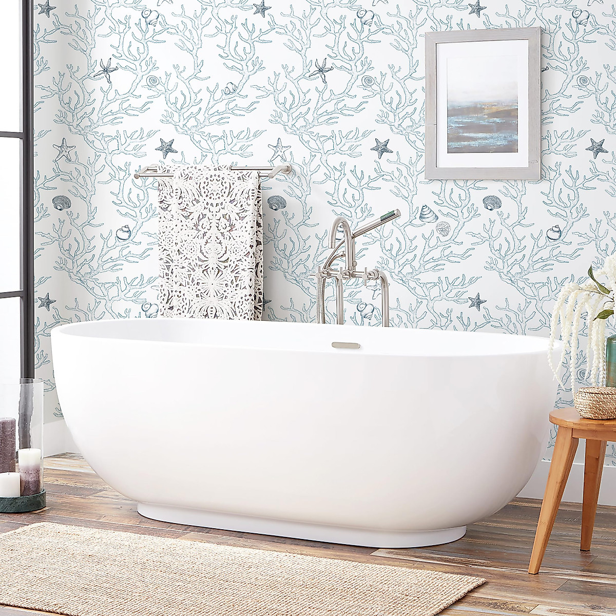 Dviolet Peel and Stick Wallpaper White and Light Blue Contact Paper Coral Wallpaper Coral/Seashell/Starfish Contact Paper Removable Wallpaper for Kids Room Walls 17.3"X 118"