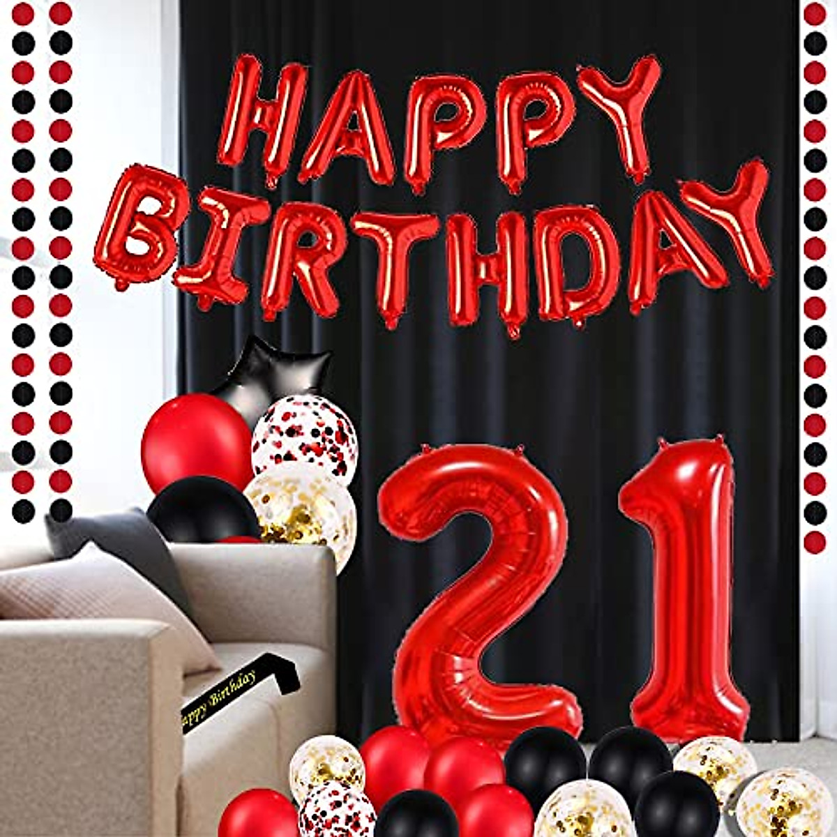 Red 21ST Birthday Party Decorations Supplies Red theme 16inch Red Foil Happy Birthday Balloons Banner Happy Birthday sash Foil Black Curtains Foil Balloons Number Red 21 Risehy