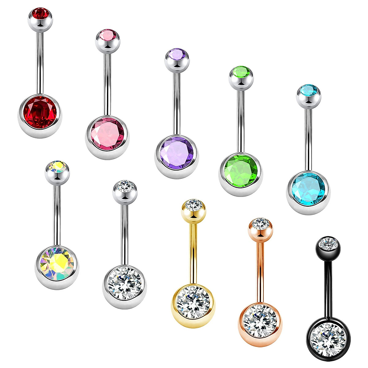 OUFER 16mm Belly Button Rings Pack 14G Surgical Steel Shiny CZ Belly Rings Set Belly Piercing Jewelry Crystal Balls Navel Rings