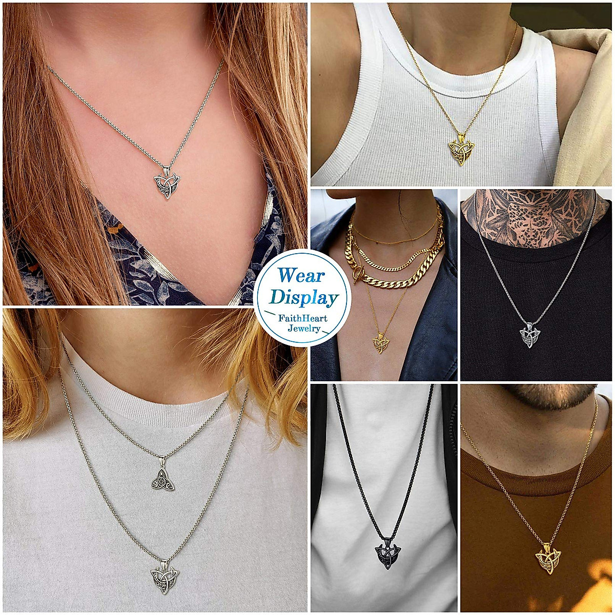 FaithHeart Celtic Triquetra Moon Necklaces, Feminism Goddess Trinity Knot Pendant Necklace Triple Moon Pendant Charms Black Stainless Steel Witch Jewelry Durability Neck Chain