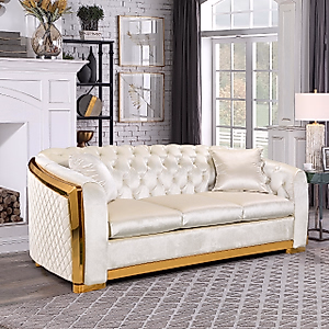 kevinplus 81'' Velvet Chesterfield Sofa Couch for Living Room, Modern Tufted Upholstered 3-Seat Sofa Couch with Stainless Steel Gold Plating Decoration for Apartment Office, Beige & Gold