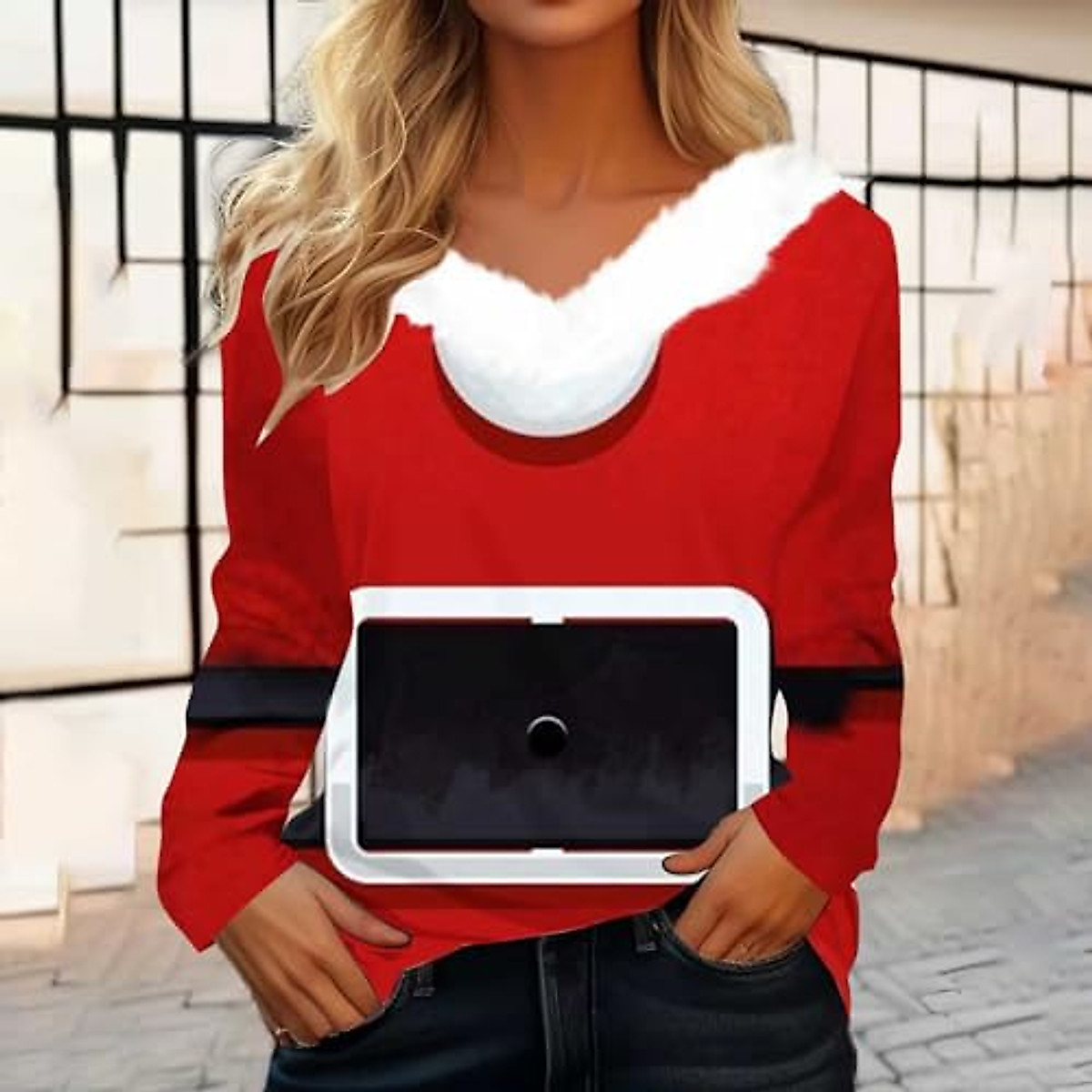 Ugly Christmas Sweater 90s Fashion for Women t Shirt Winter Holiday tees Pullovers 2023 Fall Cap Sleeve Shrugs Sexy deep v Neck Grey Sweatshirt Cargo Joggers for Women Christmas Merry Clothes