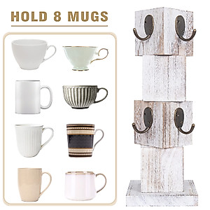 bluegift Coffee Mug Holder Tree, Rustic Solid Wood Mug Tree Stand with 8 Hooks, Farmhouse Coffee Cup Holder for Counter, Mug Hanger for Kitchen Organizer, Farmhouse White
