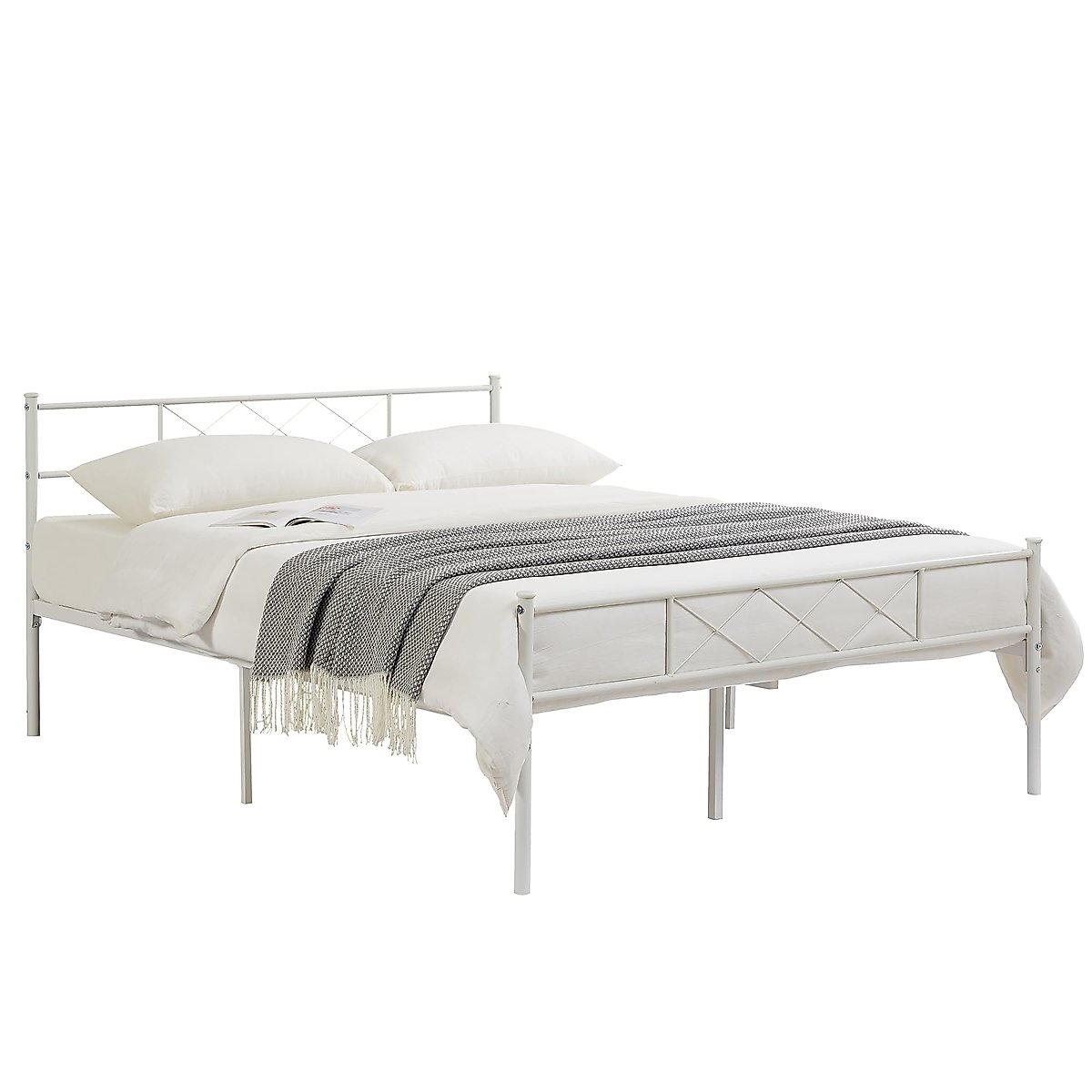 VECELO Full Size Bed Frame with Headboard, Heavy-Duty Platform with Strong Metal Slats, No Box Spring Needed, Easy Assembly, White