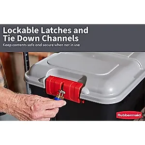 Rubbermaid Pack & Go 14 Gal Storage Tote, Durable Design and Easy to Transport, Built-In Handles, Tie Down Channels and Lockable Snap Tight Lid, Black Base with Gray Lid and Red Handles, Pack of 3