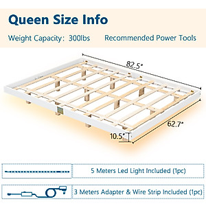 Dolonm Queen Size Bed Frame, Floating Bed Frame with LED Lights, Modern Low Profile Platform Bed Frame, Solid Pine Wood Slats Support, Noise Free, No Box Spring Needed, Easy Assembly, White