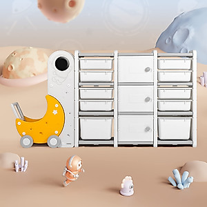 duke baby Kids 3 Layer Toy Storage Organizer with 10 Storage Bins, 3 Toy Cabinets with Doors, Display Bookshelves and Toy Cart for Kids Playroom Bedrooms Age 1-12, Space Collection Large