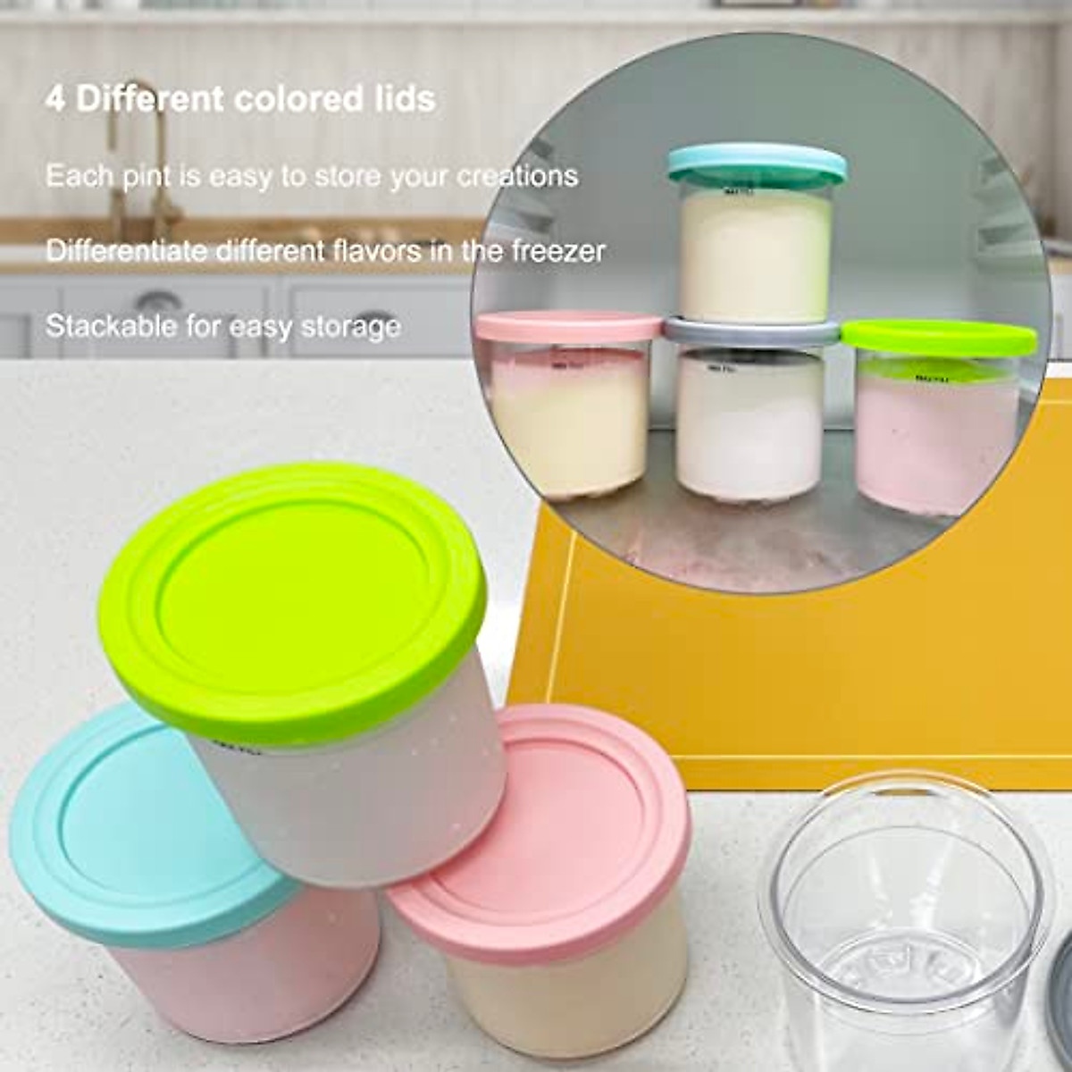 CUTIECLUB 4PCS Ice Cream Pints Containers with Lids and Stainless Steel Ice Cream Scoop Set for Ninja Creami, Compatible with NC299AMZ & NC300s Series Creami Ice Cream Makers