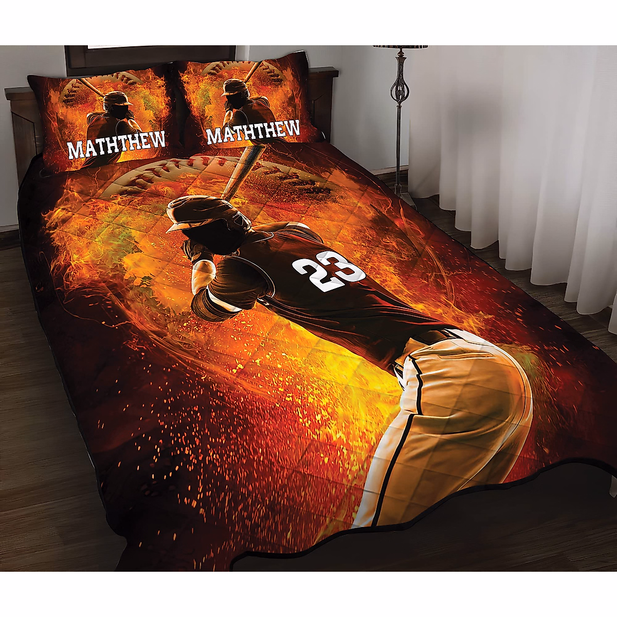 COZZBED Custom Flame Baseballer Quilt Set with Your Name, Baseball Bedding King Queen Twin Throw, Boys Baseball Comforter Set, Super Soft Lightweight All Season Baseball Blanket Bedspreads