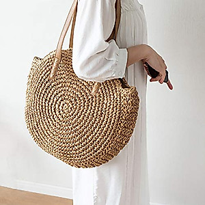 Straw Handbags Women Handwoven Round Corn Straw Bags Natural Chic Hand Large Summer Beach Tote Woven Handle Shoulder Bag (Khaki)