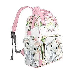 Elephant Soft Pink Blush Floral Personalized Diaper Backpack with Name Custom Mommy Nursing Baby Bag Travel Daypack