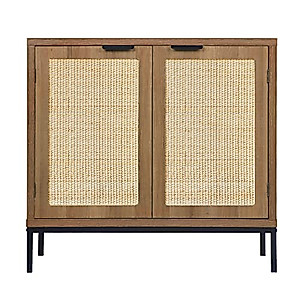 Anmytek Rustic Oak Accent Storage Cabinet with 2 Rattan Doors, Mid Century Natural Wood Sideboard Furniture for Living Room H0045