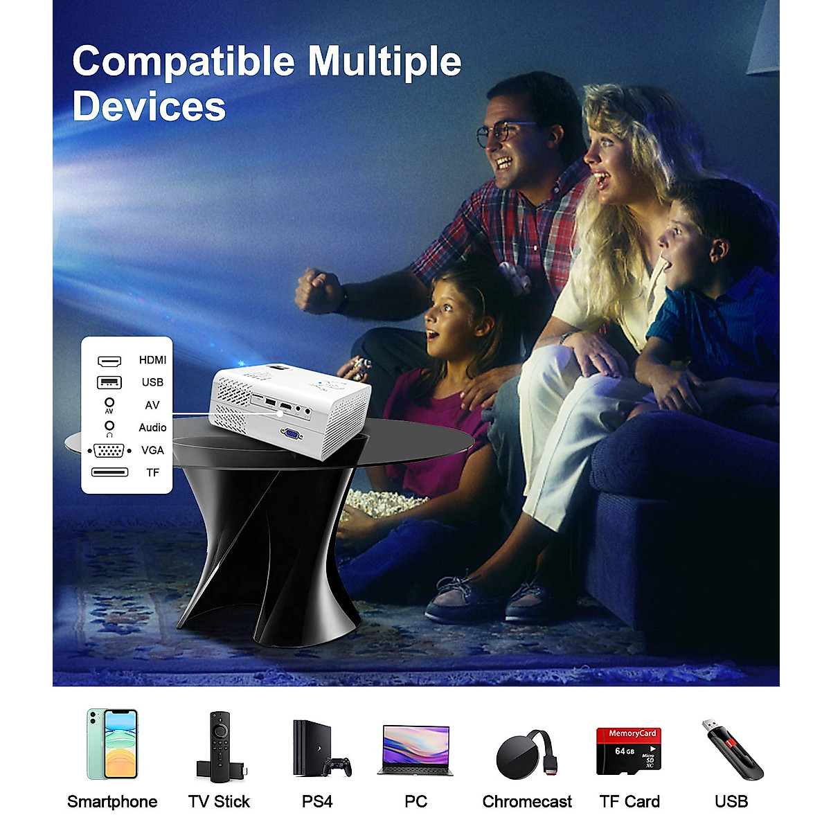 Mini Movie Projector Supported 1080P - Portable Full HD Projector Native 720P with 5500 Lumens LED Lamp,Compatible with HDMI,VGA,USB,AV,Laptop,Smartphone