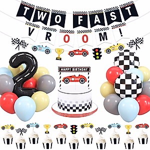 Bessmoso Vintage Two Fast Birthday Race Car Party Decorations Supplies Racing Theme 2nd Birthday Banner Cake Topper Checkered Flags Number Balloons for Let's go Racing Theme Sports Event Party Decor