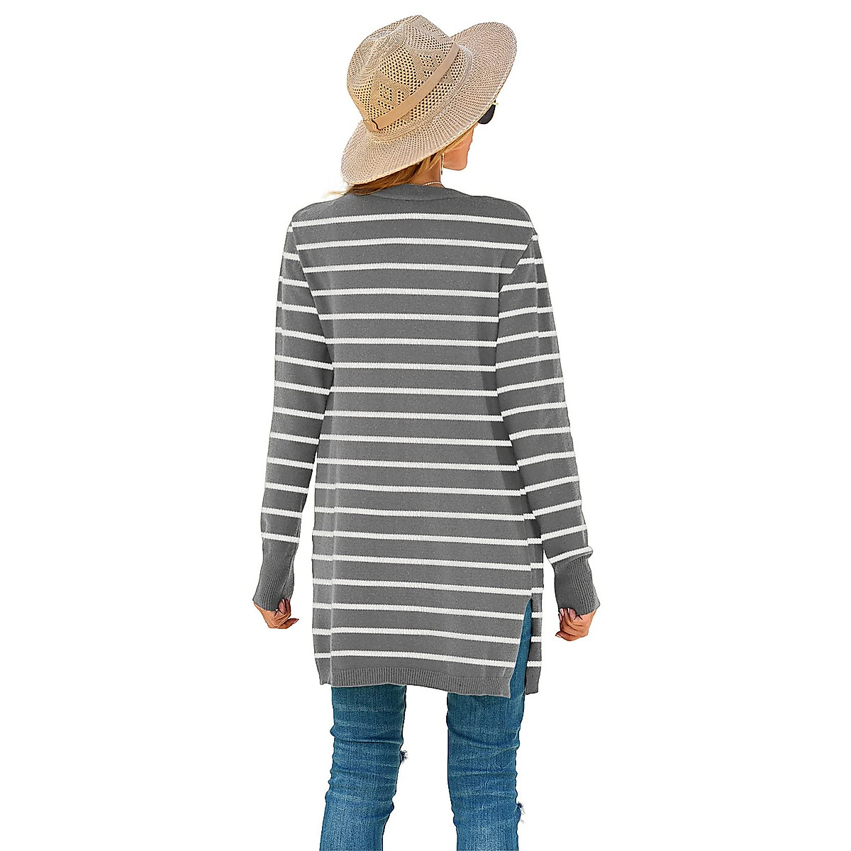TASAMO Womens Color Block Striped Draped Kimono Cardigan Long Sleeve Open Front Casual Knit Sweaters Coat Soft Outwear