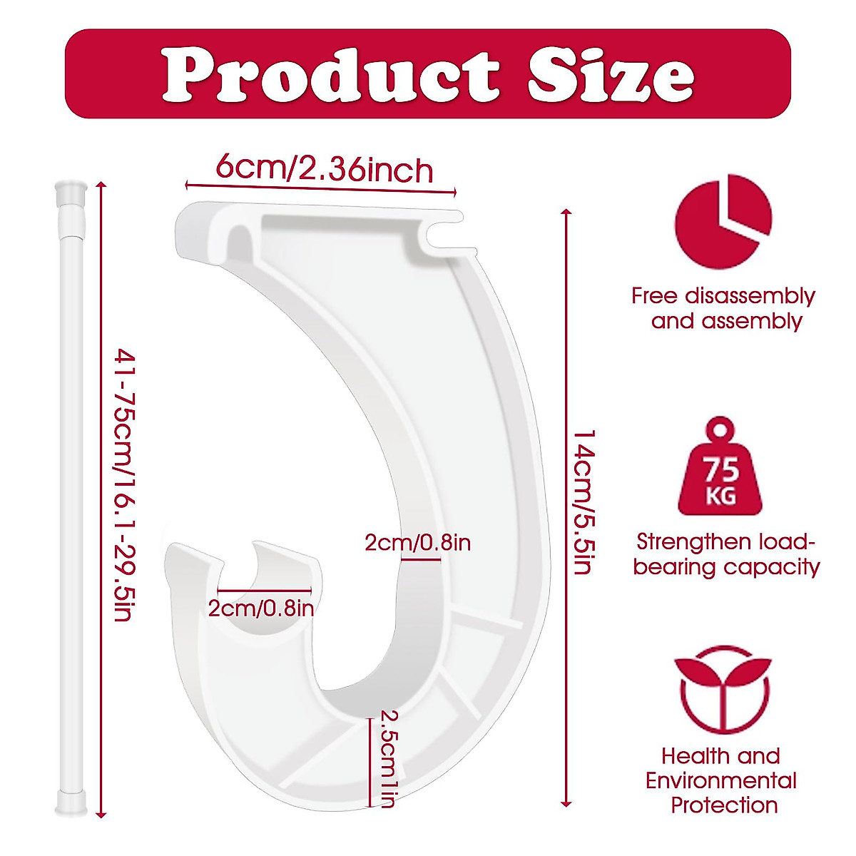 NamcheBarwa 4Pcs Hanging Closet Rod Support with 2 Pcs Metal White Closet Hanging Rod, J-Shaped 3/4 Closet Rod Bracket for Wire Closet Shelving Hanging Clothes