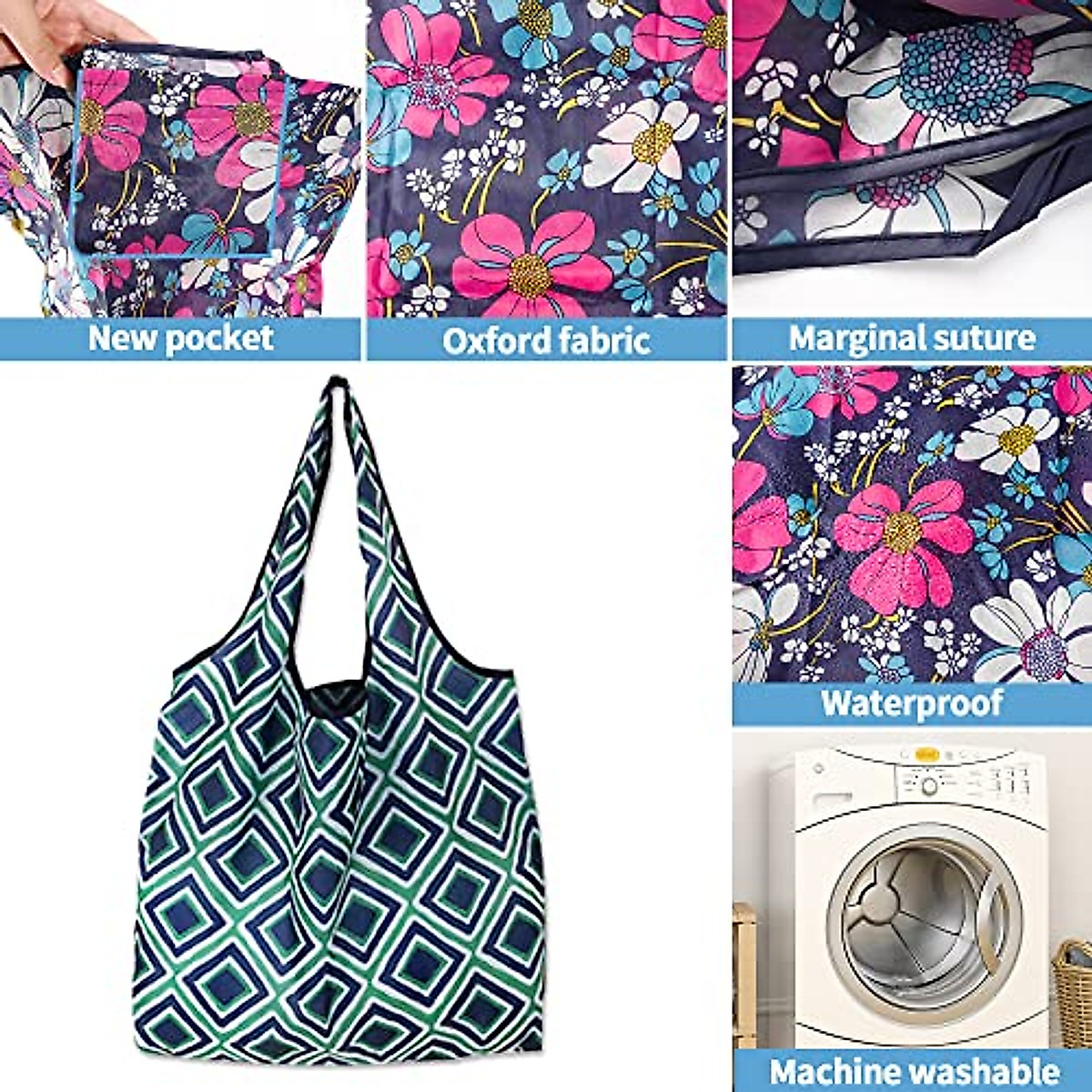 lukar Foldable Reusable Grocery Bags, Portable Reusable Shopping Bags Totes Machine Washable With Handles Folding Storage Bag, 10 Pack Flower Small daisy Leaf Lattice (1 extra small bag Design)