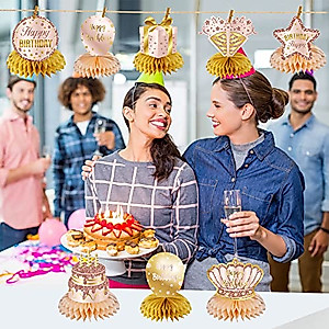 Pink Rose Gold Birthday Decorations Table Honeycomb Centerpieces for Women Girls, 8Pcs Happy Birthday Table Party Supplies, 10th 16th 21st 30th 40th 50th 60th Bday Table Sign Decor