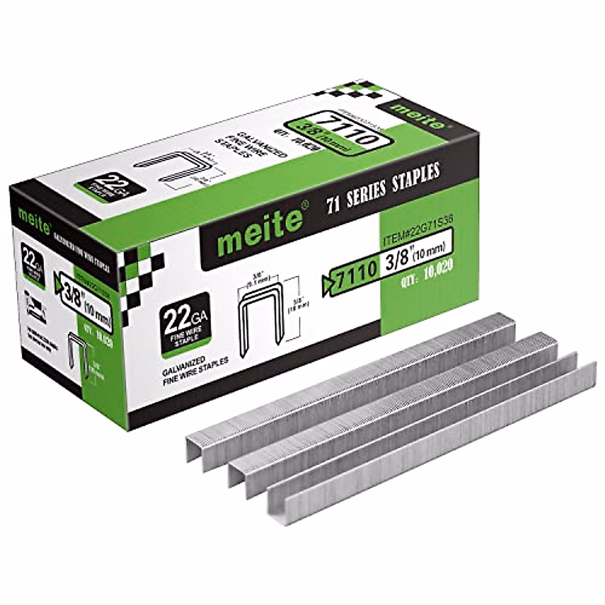 meite 22G71S38 22 Gauge 71 Series 3/8" Crown Wide 3/8" Leg Length Galvanized Staples for Upholstery Stapler 10,020 PCS/Box (1 Box)