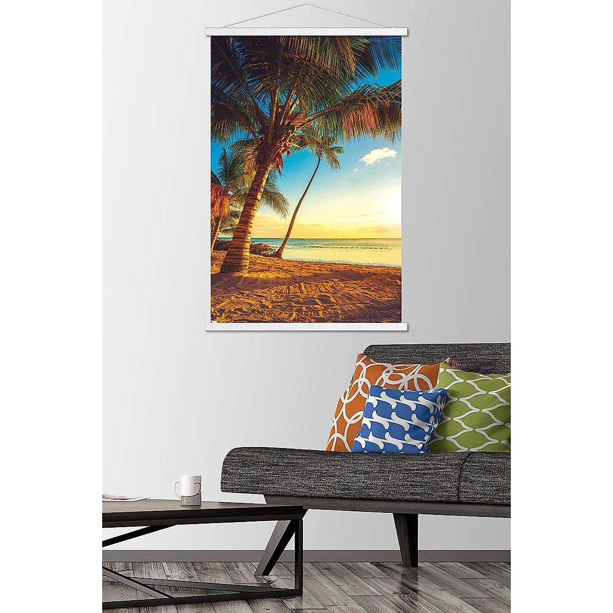 Trends International Scenery-Sunset on The Beach Wall Poster with Magnetic Frame, 22.375" x 34", Premium Print and White Hanger Bundle