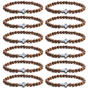 FIRAZIO 12Pcs Christian Prayer Beads Bracelet for Women Mens Wooden Beads Cross Bracelet Religious Mala Beaded Bracelets Fashion Jewelry 6mm/8mm