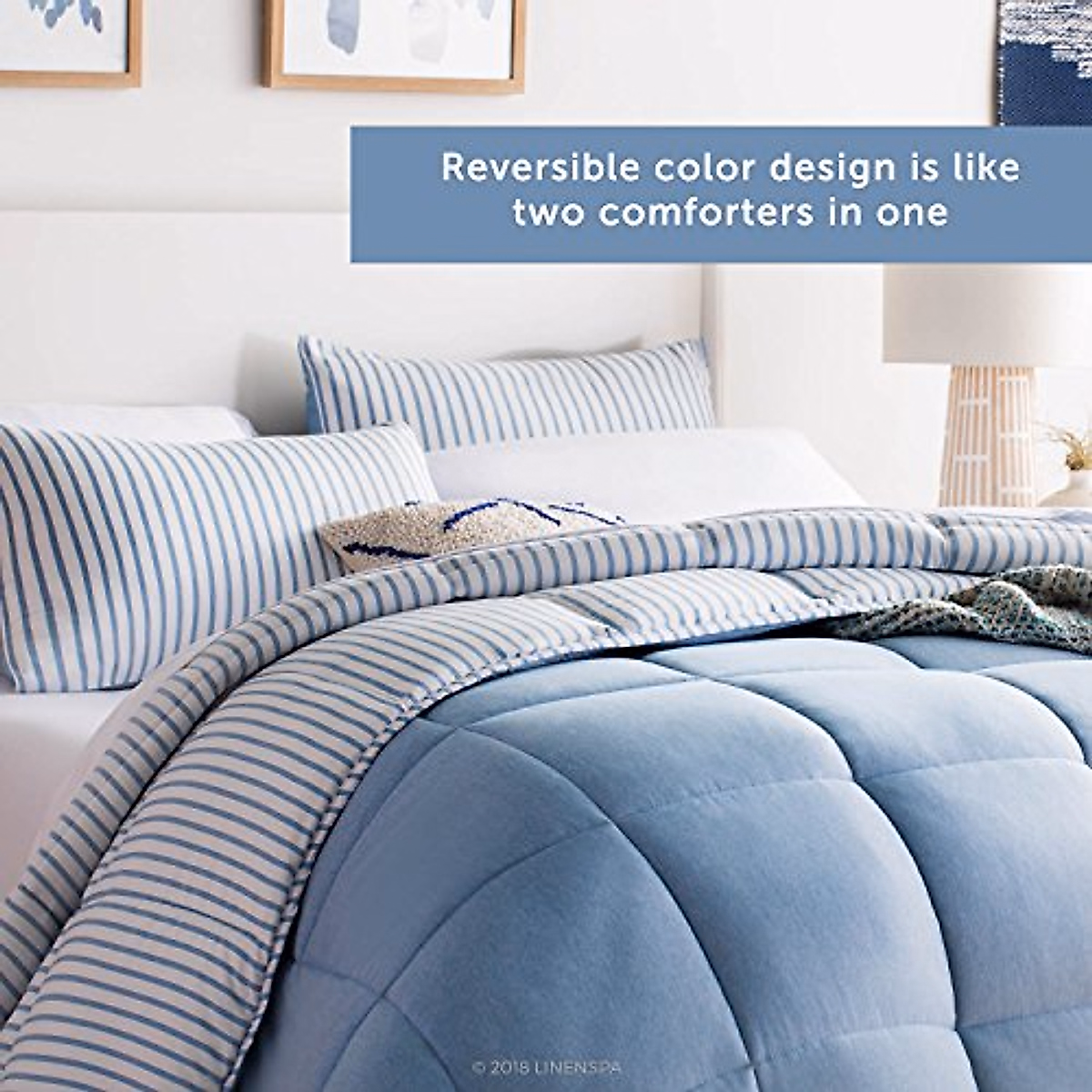 LINENSPA All Season Hypoallergenic Down Alternative Microfiber Comforter, King, Light Blue/White