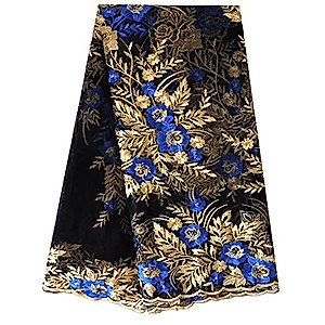 African Fabric Net Fabrics Embroidery Beaded Nigerian Embroidered Lace Fabric for Party Dress (Blue) 5 Yards 2205-6
