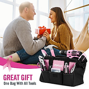 POPULO Pink Tool Kit 236-Piece with Cordless 20V 2000mAh Power Drill Driver, Lady's Basic Home Tool Set with 12-Inch Pink Tool Bag, Electric Drill Sets Combo Kit for Women, House, DIY