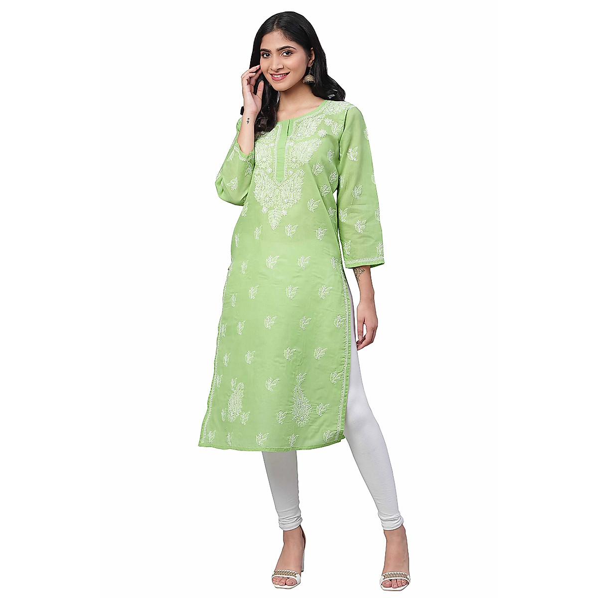 Ada Indian Hand Embroidered Chikankari Straight Cotton Kurta Kurti Tunic for Women A231437 (Green, Medium)