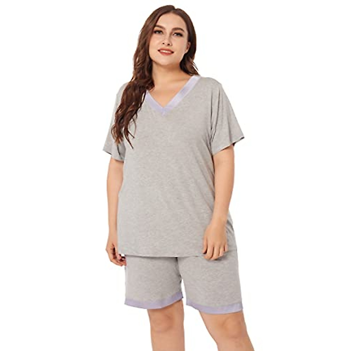 ZERDOCEAN Women's Plus Size Sleepwear Pajama Set Short Sleeve with Shorts Nightwear Two-piece Pj Lounge Sets Lightgray 4X