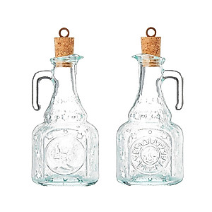 Bormioli Rocco Set Of 2 Country Home Helios Oil Bottle, 8-ounce With All Natural Cork Lid, Blue-green Tinted Star Glass, Elegant And Floral Design Made In Italy.