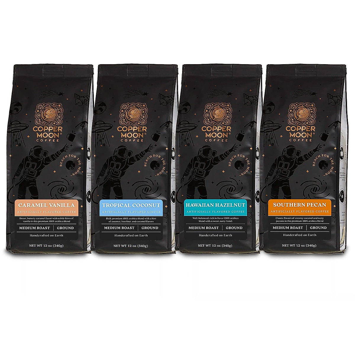 Copper Moon Ground Coffee, Medium Roast, Flavored Variety Pack, 12 Oz (Pack of 4)