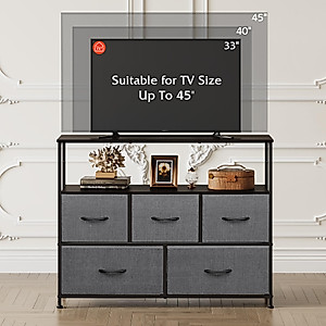 WLIVE Dresser TV Stand, Entertainment Center with Fabric Drawers, Media Console Table with Open Shelves for TV up to 45 inch, Storage Drawer Unit for Bedroom, Living Room, Entryway, Dark Grey