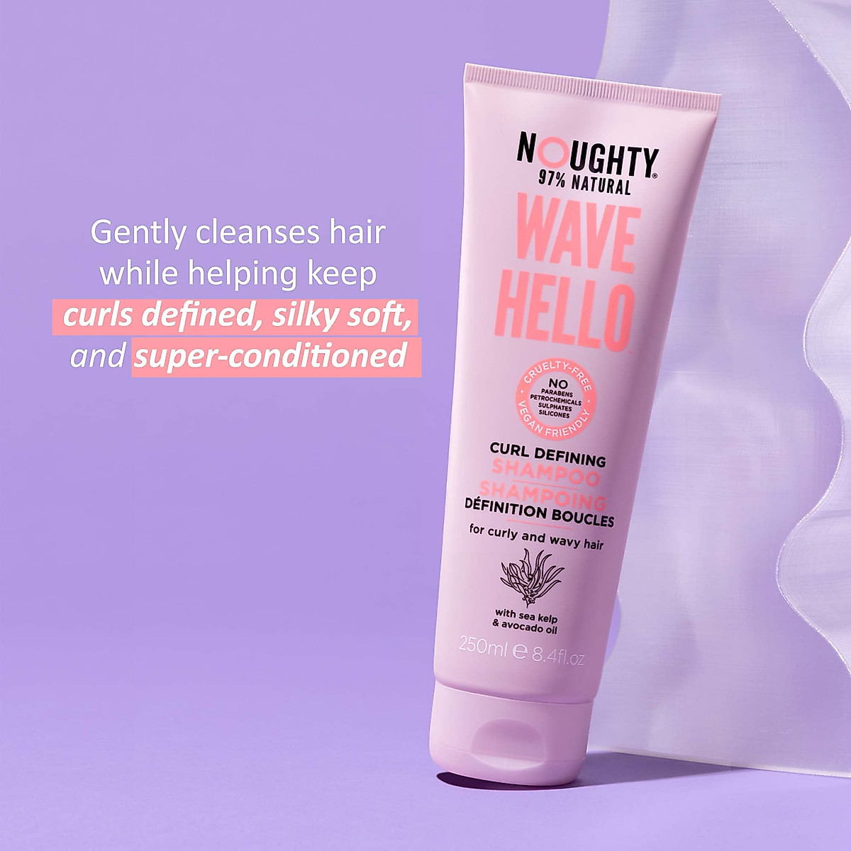Noughty Wave Hello Curl Defining Shampoo - 97% Natural, Vitamin-Rich Formula for Curly and Wavy Hair, Sulphate-Free Vegan Haircare, 250ml