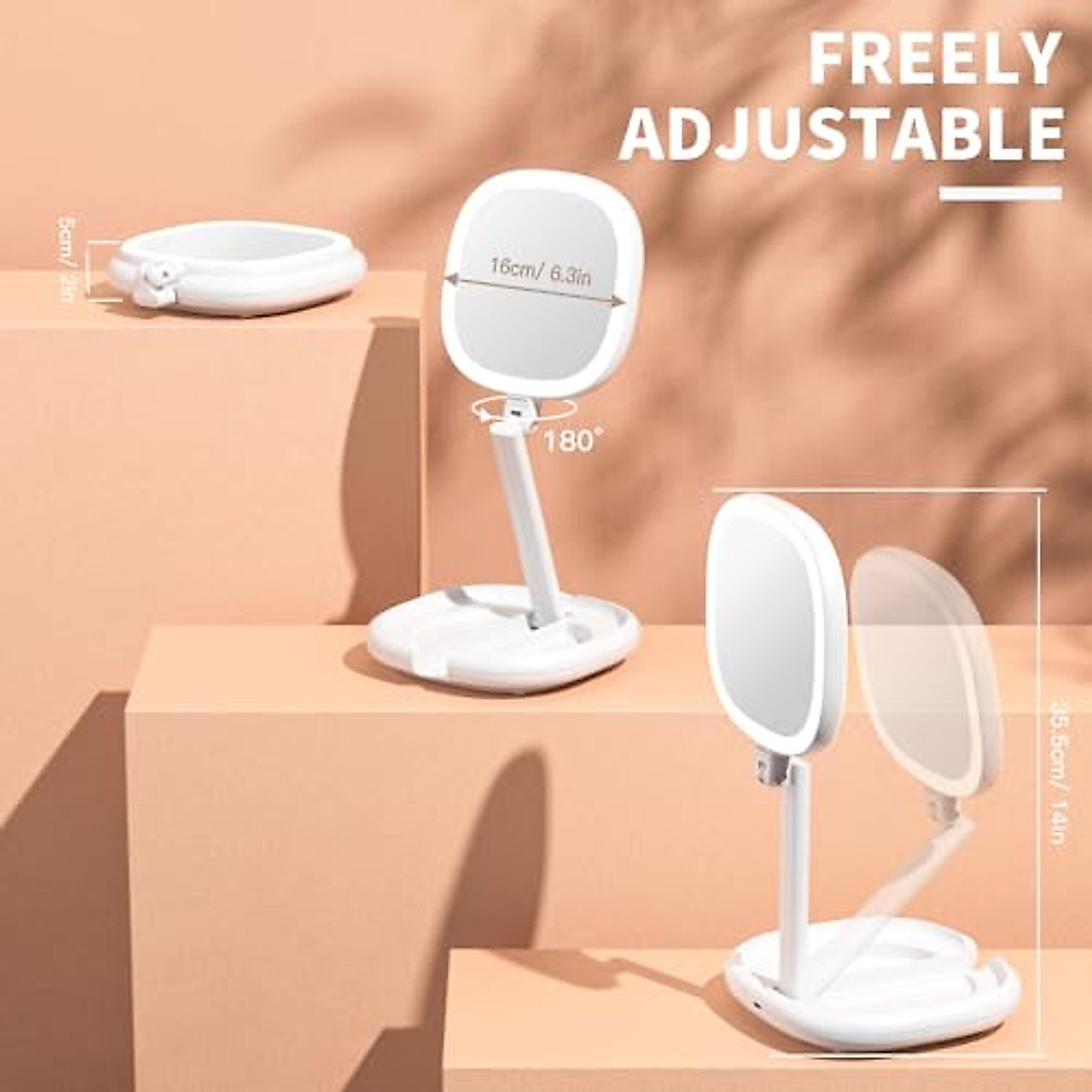 Beautifive Makeup Mirror with Light and Magnification, 10X/1X Light Up Makeup Mirror Travel Lighted Make Up Mirror with Adjustable Height Double Sides Folding Magnifying Mirror with Light