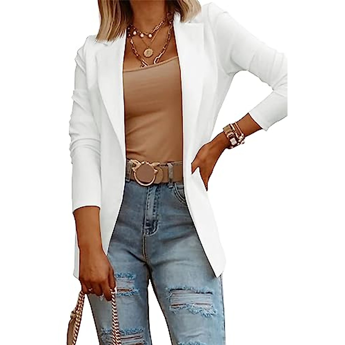 Womens Casual Long Sleeve Blazers Solid Color Knit Blazer Work Office Open Front Blazer Jacket White