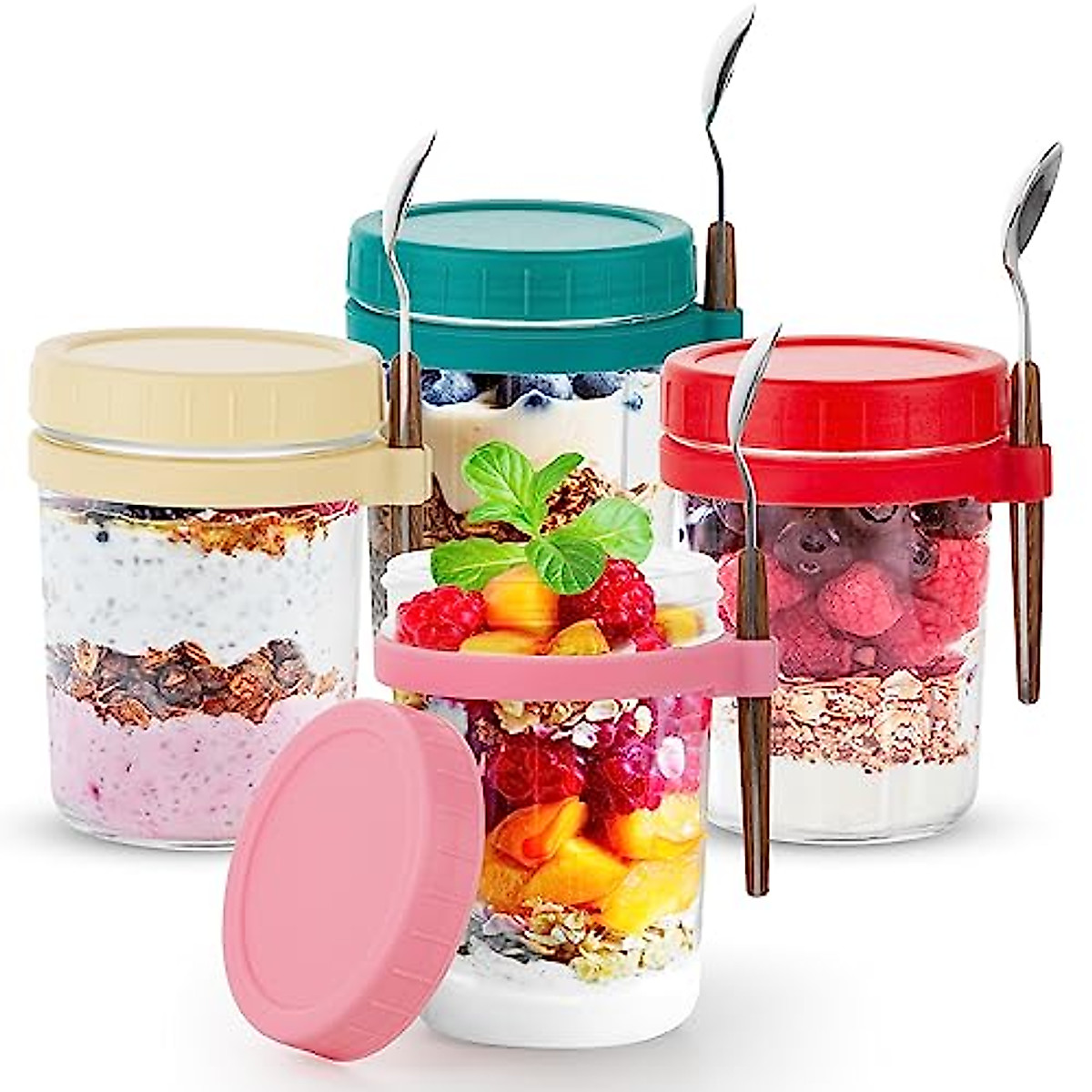 Dyserbuy 4 Pack Overnight Oats Containers with Lids and Spoons, 16 oz Glass Mason Jars for Overnight Oats, Airtight Jars with Measurement Marks for Milk, Cereal On The Go Container