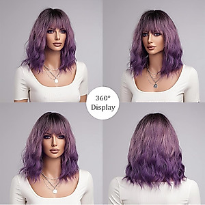 Haoland Purple Wig With Bangs for Women 14” Short Bob Wavy Wig Heat Resistant Colored Wigs Synthetic Wig for Daily Party Use Cosplay (Purple)
