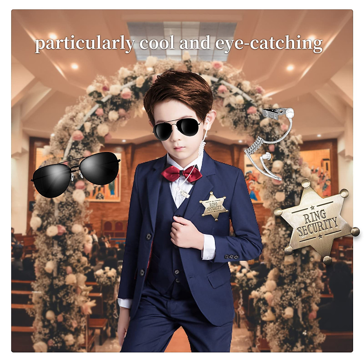 Huwane Ring Security Wedding Ring Bearer Gifts Secret Service Cosplay Set Police Spy FBI Toys Accessory, Include Acoustic Earpiece Tube Headsets, Ring Bearer Sunglasses, Ring Security Badges (1)