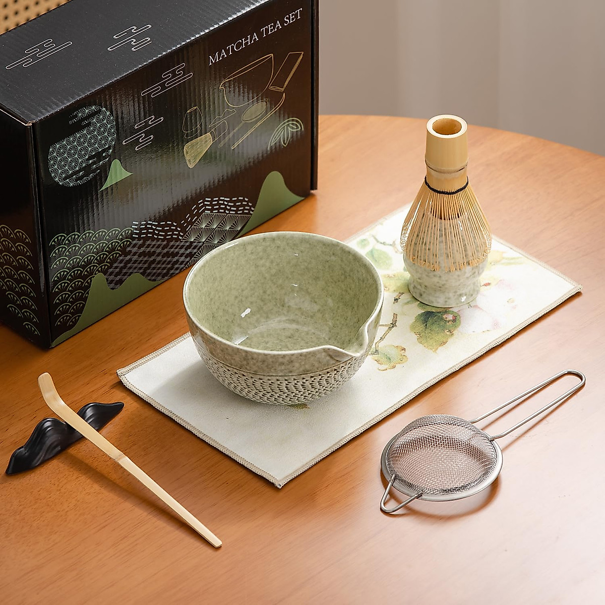 DWEHIXBUY Japanese Matcha Ceremony Accessory, Matcha Whisk, Traditional Scoop (Chashaku), Tea Spoon, Whisk Holder, 1 tea bowl, 1 tea siev, The Perfect Set to Prepare a Traditional Cup of Matcha.