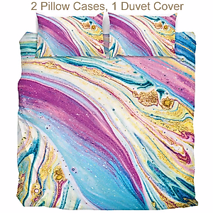 Sleepwish Marble Duvet Cover Set Modern Liquid Marble Colorful Duvet Cover 3 Pieces Abstract Rainbow Bedspreads Full King Size（Purple Turquoise and Gold）