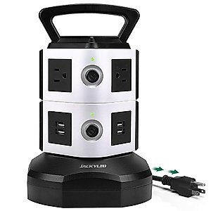 JACKYLED Power Strip Tower Surge Protector, Widely 6 AC Outlets 6.5ft Extension Cord with 4 USB Ports, 3000W 13A Desktop Charging Station, UL Test, ETL Listed Black White