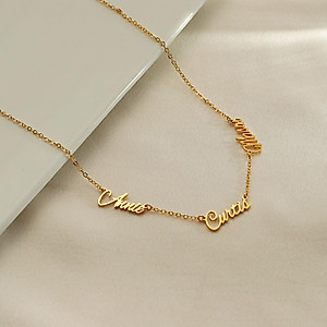 Personalized Name Necklace with Curb Chain, 18K Gold Plated Handmade Custom Family Choker Customized Child Nameplate Necklace Mother's Day Jewelry Gift for Mom, Wife (3 Names Necklace)