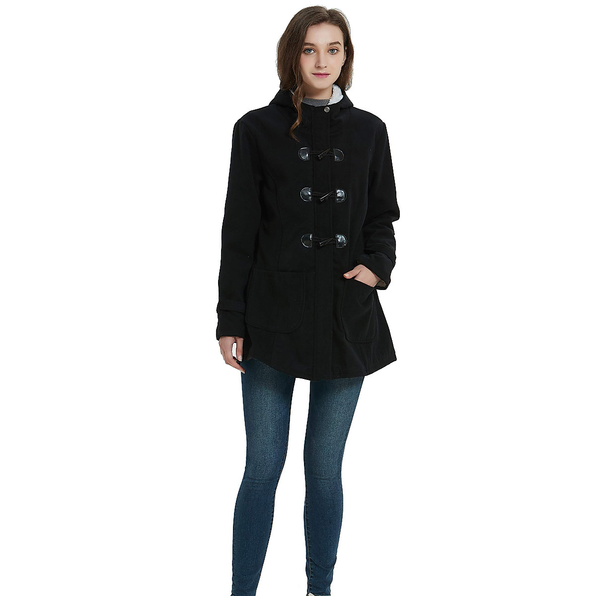 VOGRYE Womens Winter Fashion Outdoor Warm Wool Blended Classic Pea Coat Jacket (FBA) (2XL, Black2-Thicker)